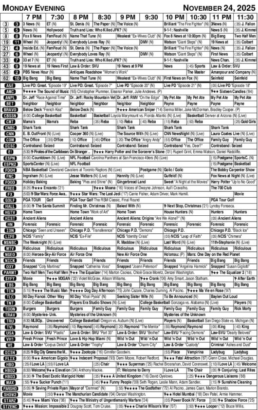 Monday evening TV listings | News, Sports, Jobs - Tribune Chronicle